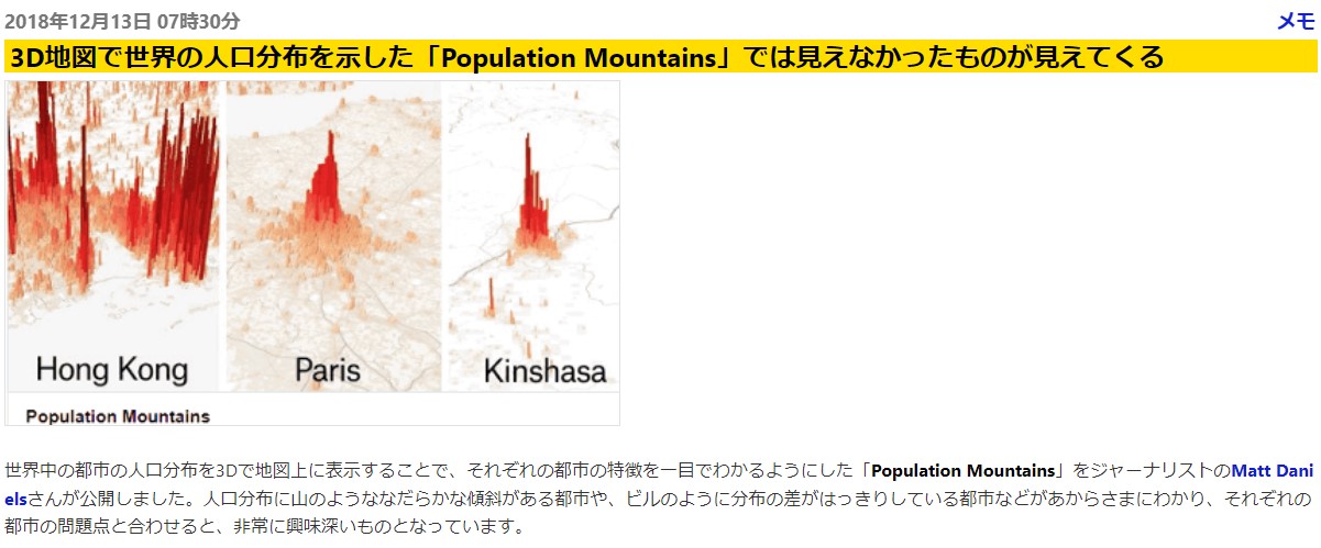 3D地図で世界の人口分布を示した「Population Mountains」では見えなかったものが見えてくる – ジジイがあれこれ考えた